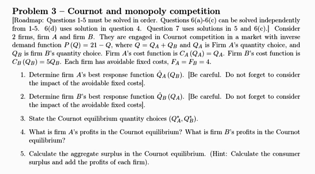 Solved Problem 3 – Cournot and monopoly competition Roadmap: | Chegg.com