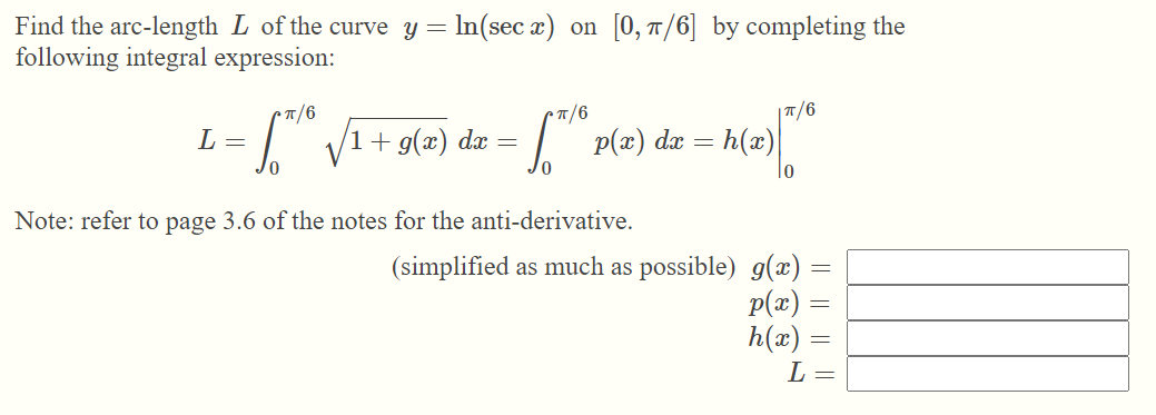 Solved Find the arc-length L of the curve y = ln(sec x) on | Chegg.com