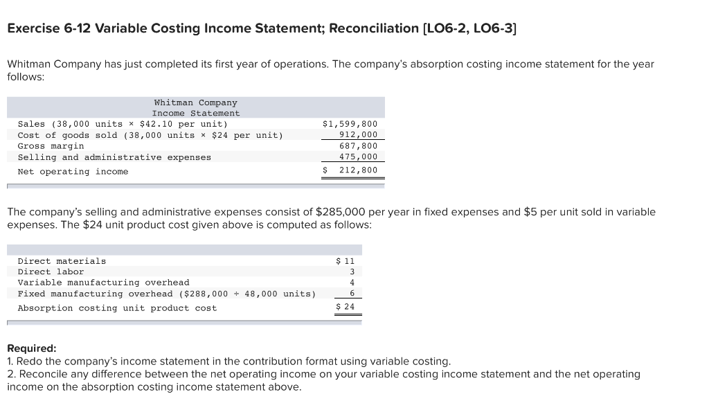 Solved Exercise 6-12 Variable Costing Income Statement; | Chegg.com