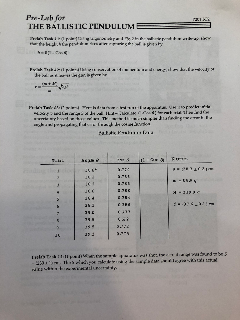 Solved Pre-Lab for P201 1-F2 THE BALLISTIC PENDULUM Prelab | Chegg.com
