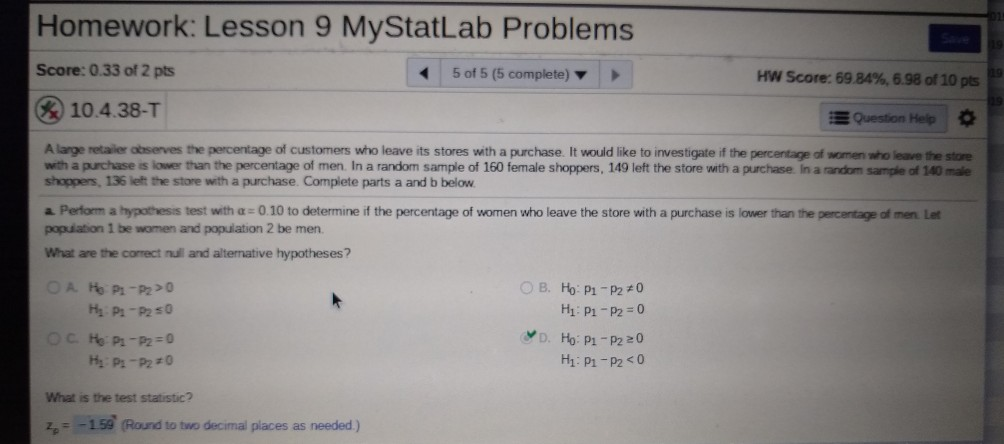 Solved Homework: Lesson 9 MyStatLab Problems Score: 0.33 of | Chegg.com