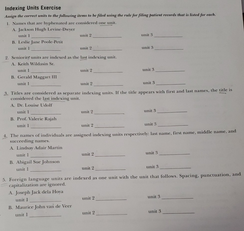 Solved unit 2 Indexing Units Exercise Assign the correct | Chegg.com