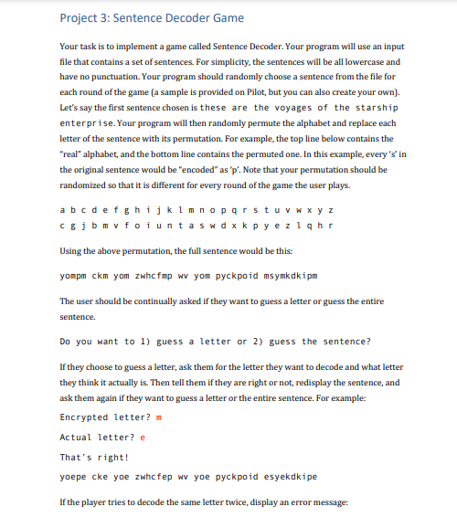 Project 3: Sentence Decoder Game Your task is to | Chegg.com