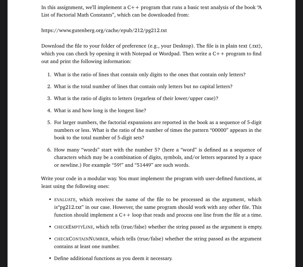 Solved In this assignment, we'll implement a C ++ program | Chegg.com