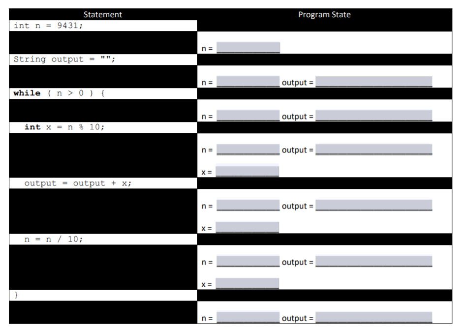 Solved For the following program segment, fill in the | Chegg.com