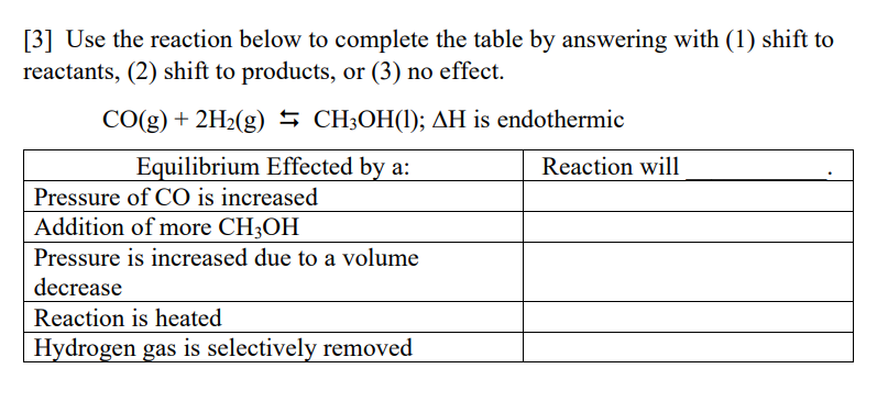 Solved [3] Use the reaction below to complete the table by | Chegg.com