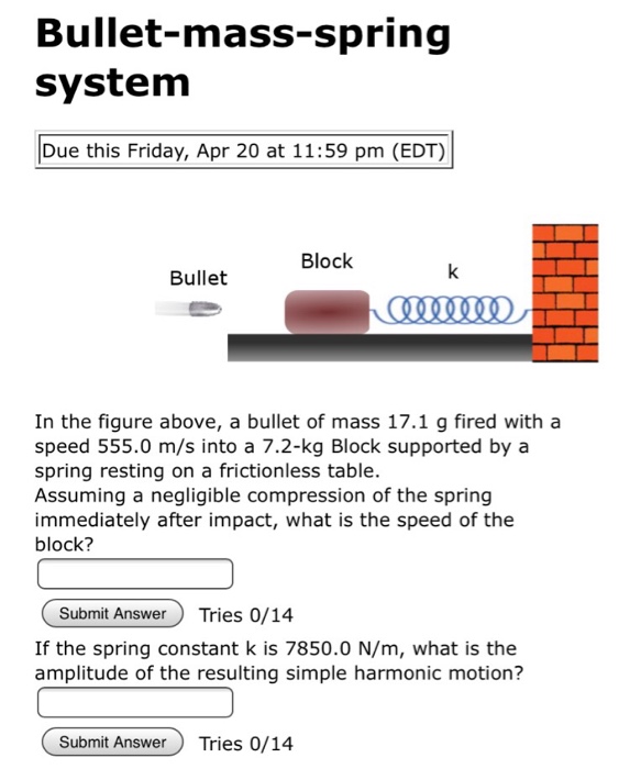 Solved Bullet-mass-spring system Due this Friday, Apr 20 at | Chegg.com Solved Bullet-mass-spring system Due this Friday, Apr 20 at | Chegg.com