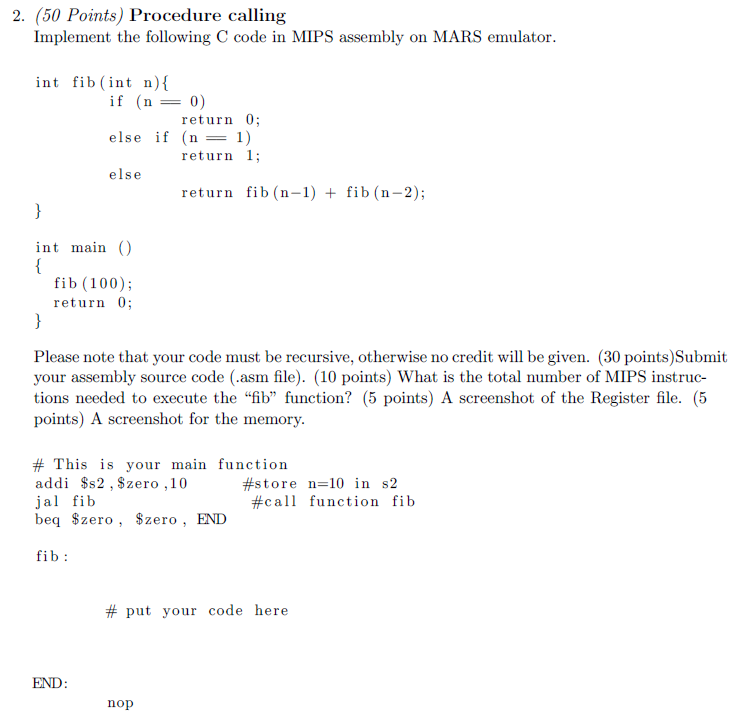 Solved 2. (50 Points) Procedure calling Implement the | Chegg.com