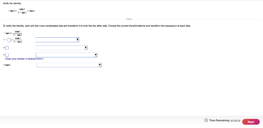 Solved Verify the identity. - tant cos 1 - sin + = sect To | Chegg.com