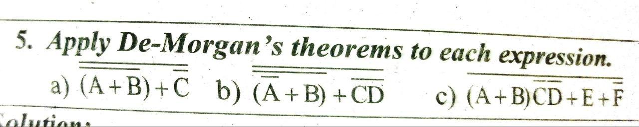 Solved 5. Apply De-Morgan's theorems to each expression. a) | Chegg.com