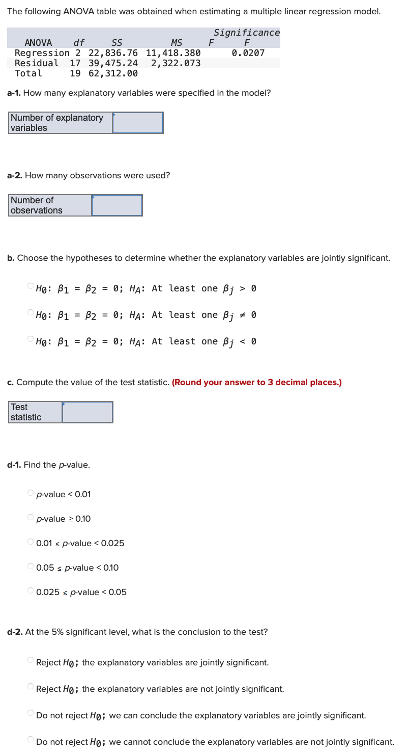 Solved The following ANOVA table was obtained when | Chegg.com