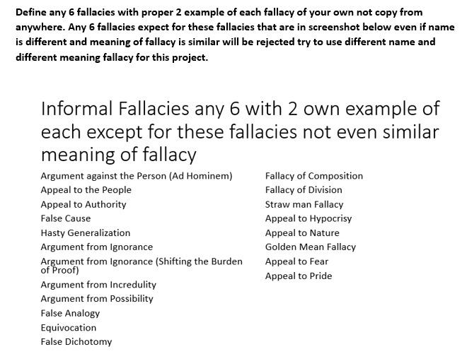 Solved Define any 6 fallacies with proper 2 example of each | Chegg.com