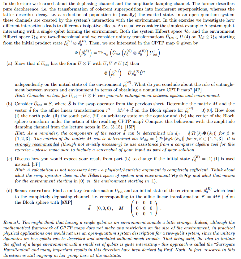 In the lecture we learned about the dephasing channel | Chegg.com
