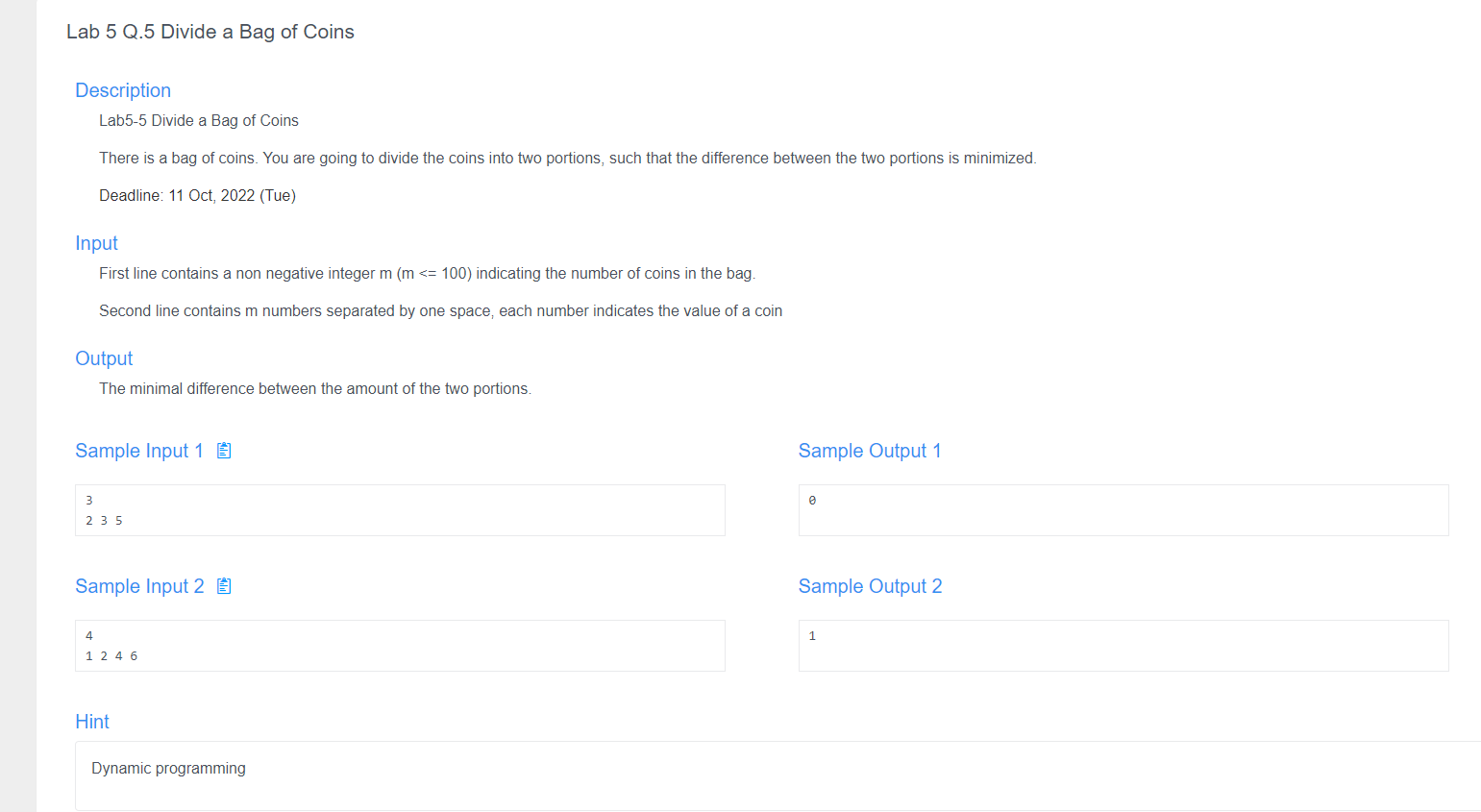 Solved Lab 5 Q.5 Divide a Bag of Coins Description Lab5-5 | Chegg.com