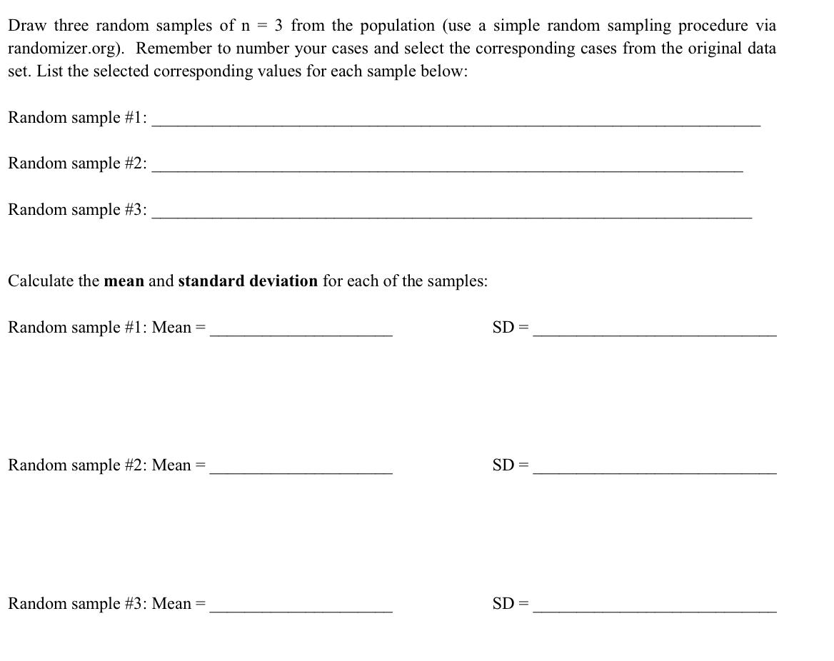 Solved Draw three random samples of n=3 from the population | Chegg.com