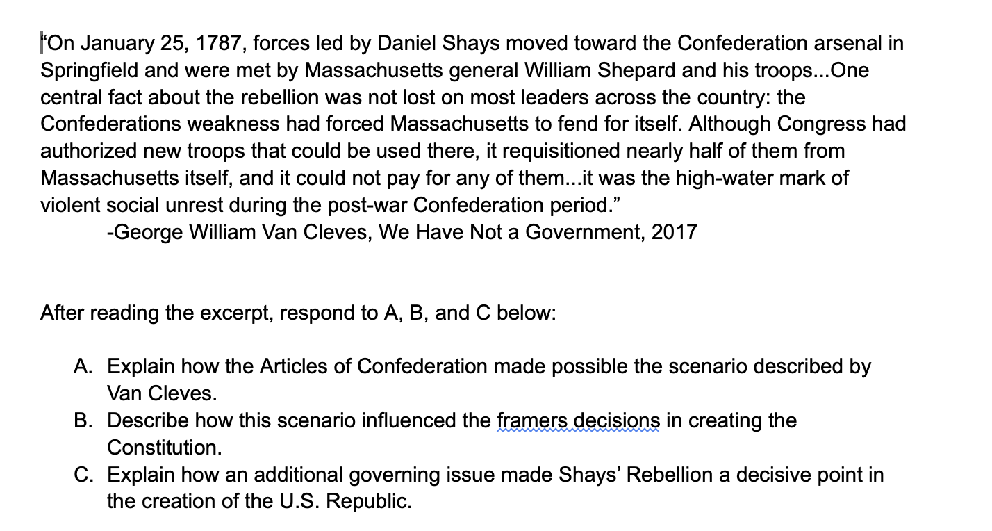 |'On January 25,1787 , forces led by Daniel Shays | Chegg.com