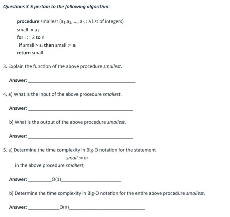 Solved Questions 3-5 pertain to the following algorithm: | Chegg.com