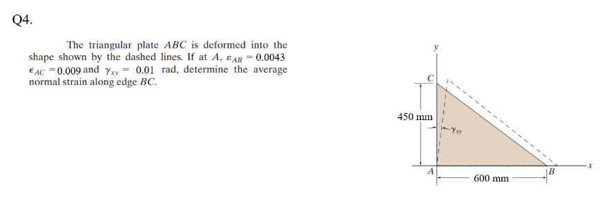 Solved Q4. The triangular plate ABC is deformed into the | Chegg.com