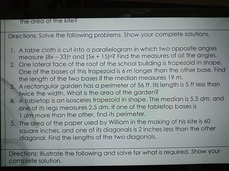 Solved the area of the kite? Directions: Solve the following | Chegg.com