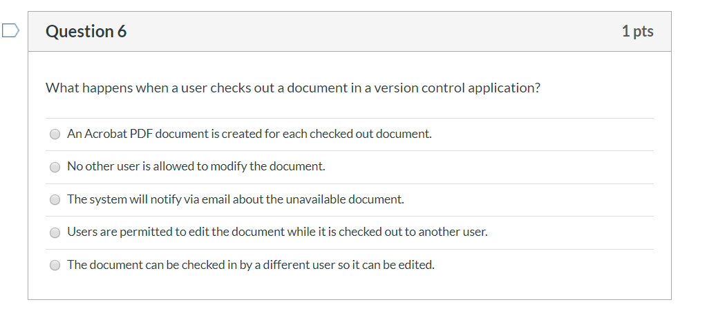 Solved Question 6 1 pts What happens when a user checks out | Chegg.com