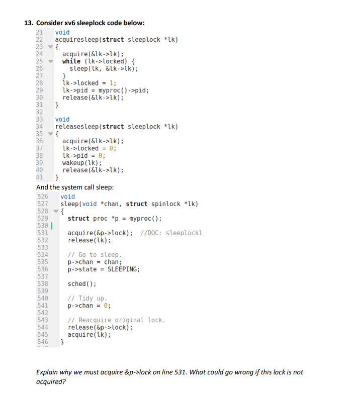 Solved NNNN moc Nummmmmm 2345300 13. Consider xv6 sleeplock | Chegg.com