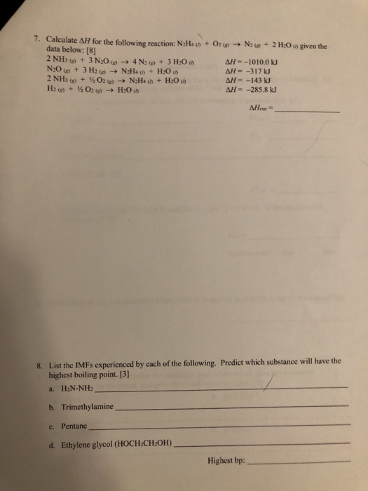 Solved 7. Calculate AHf for the following reaction: NoHa nN | Chegg.com