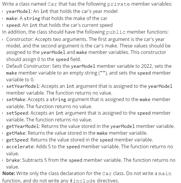 Solved Write a class named Car that has the following | Chegg.com