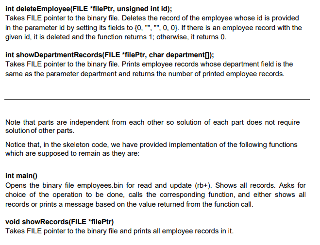 int delete Employee(FILE *filePtr, unsigned int | Chegg.com