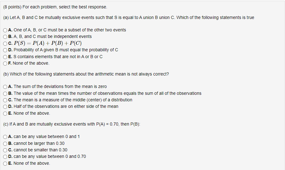Solved (8 points) For each problem, select the best | Chegg.com
