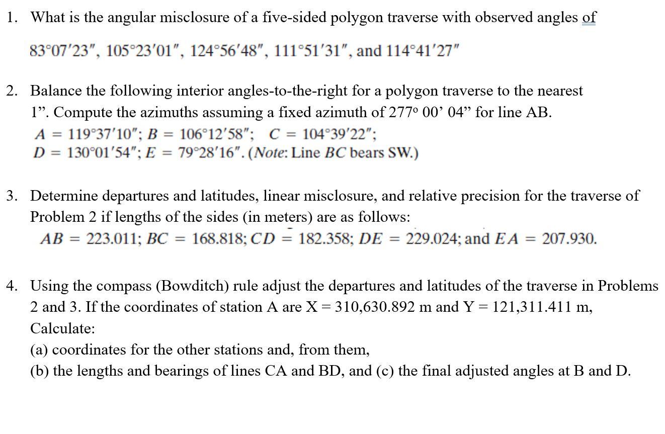 Solved 1. What is the angular misclosure of a five-sided | Chegg.com
