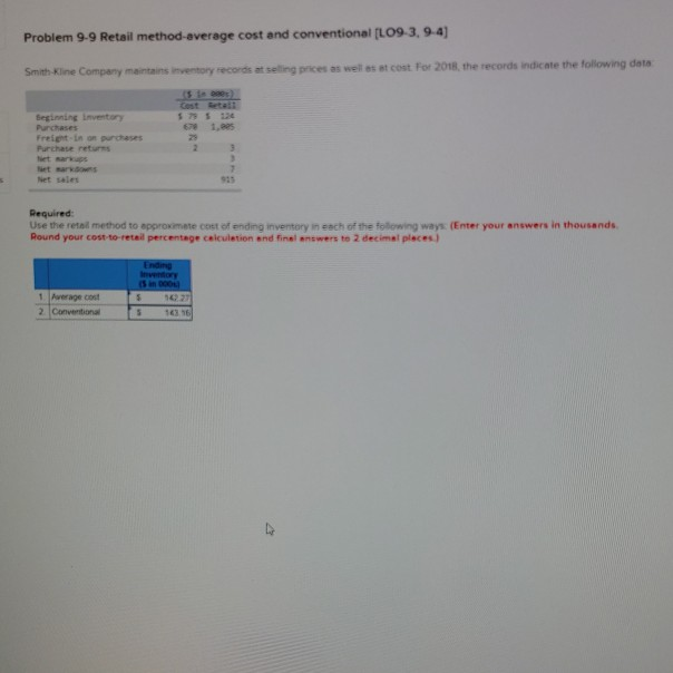 Solved Problem 9-9 Retail method-average cost and | Chegg.com