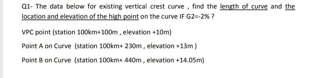 Q1- The data below for existing vertical crest curve | Chegg.com