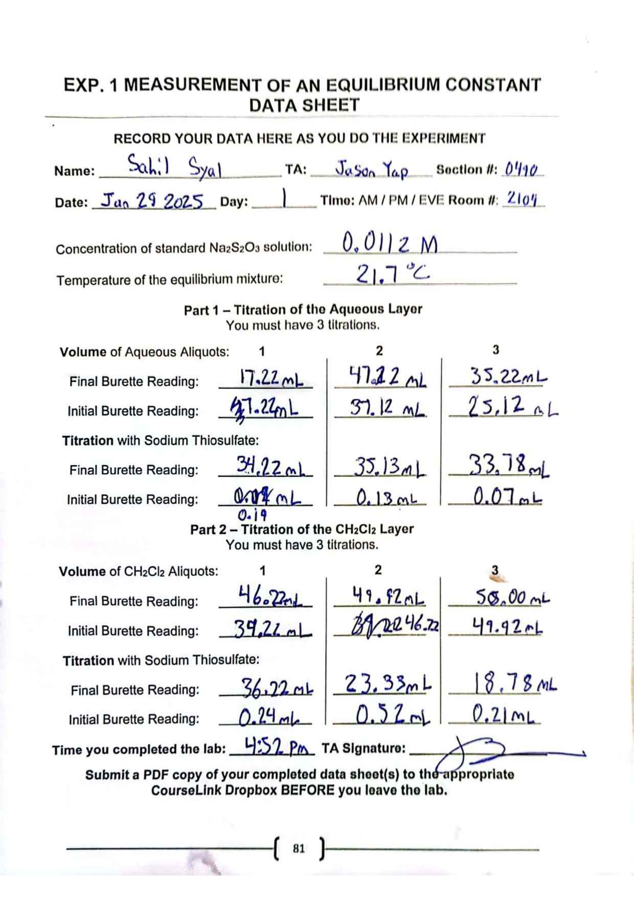 Using your own lab-obtained data, what was your | Chegg.com