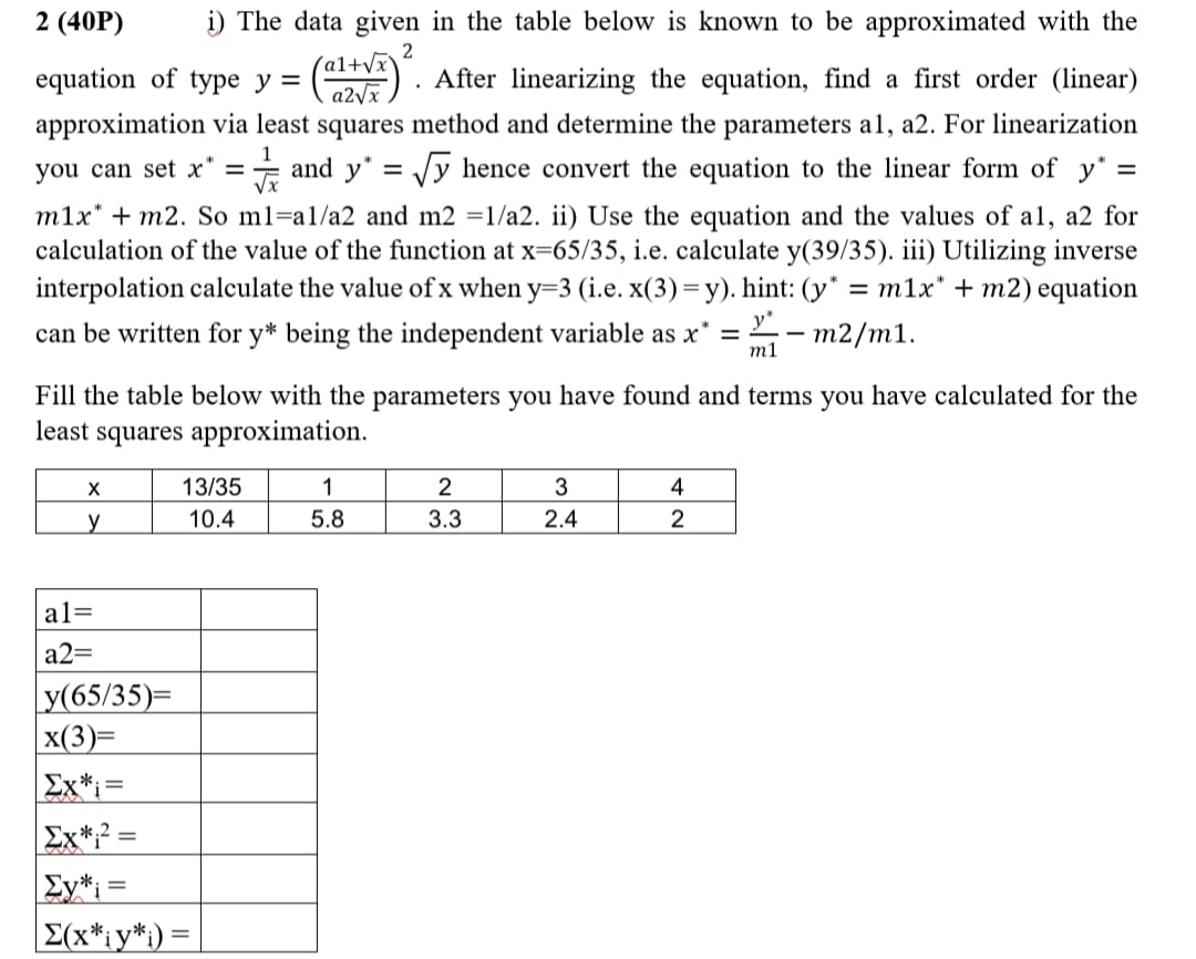 Solved 2(40P) i) The data given in the table below is known | Chegg.com