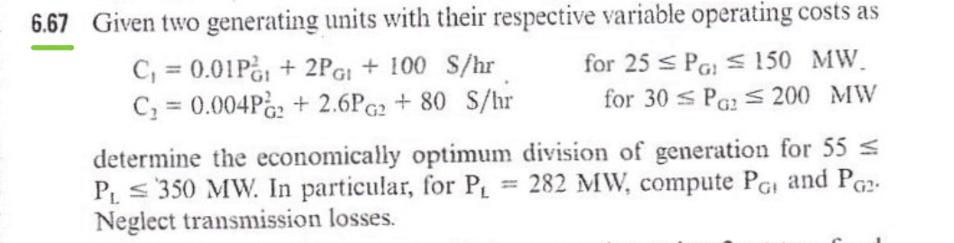 Solved 6.67 Given two generating units with their respective | Chegg.com