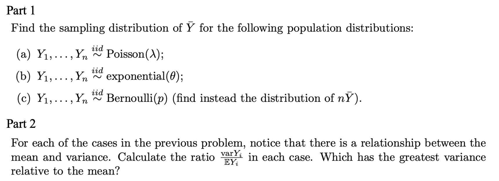 Solved Part 1 Find the sampling distribution of Y for the | Chegg.com