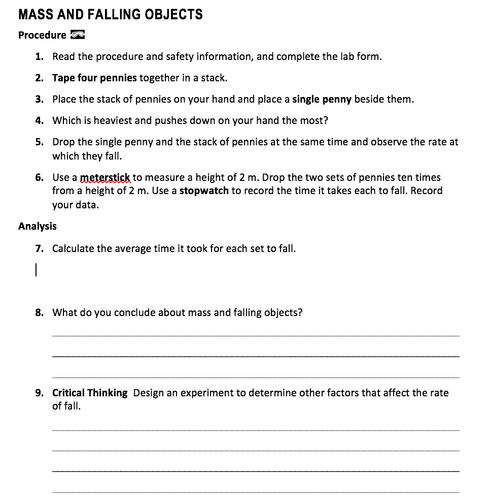 Solved MASS AND FALLING OBJECTS Procedure 1. Read the | Chegg.com