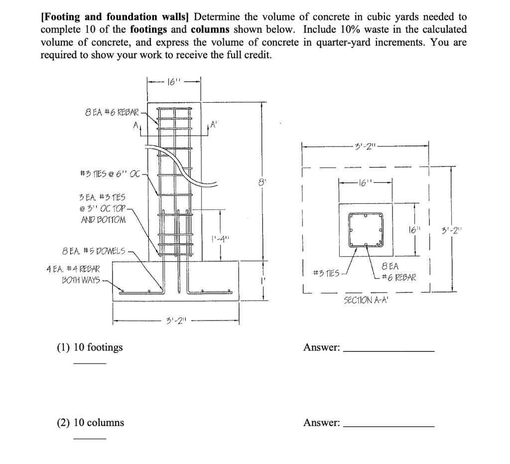 Solved [Footing and foundation walls) Determine the volume | Chegg.com