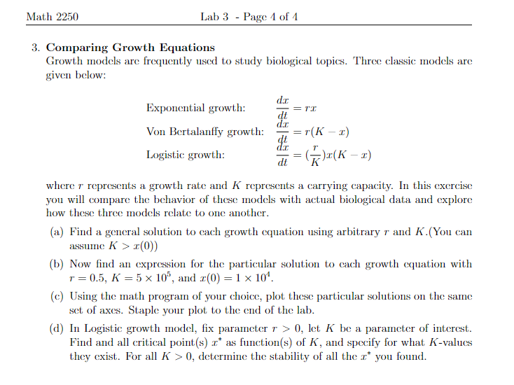 Solved Math 2250 Lab 3 Page 1 Of 1 3 Comparing Growth