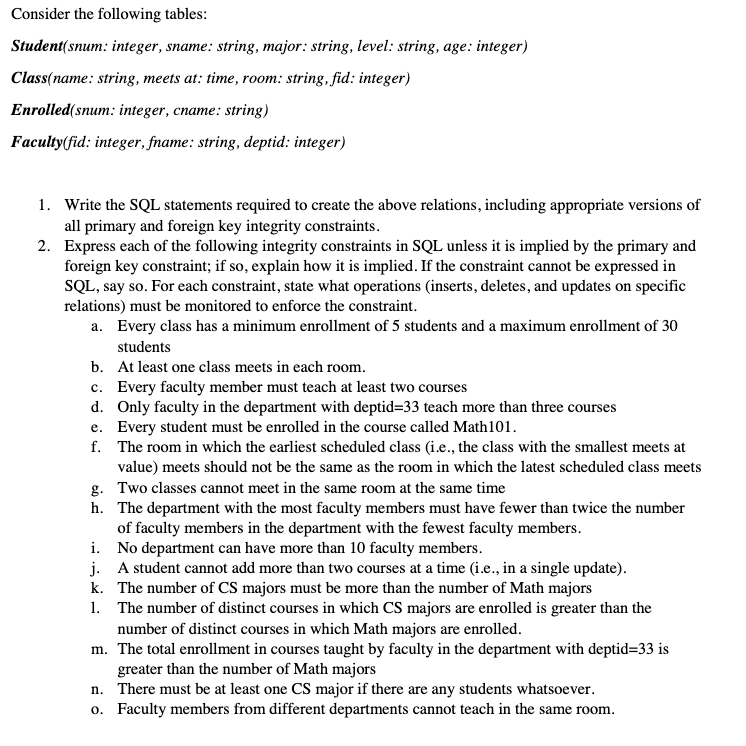 Consider the following tables: Student(snum: integer, | Chegg.com