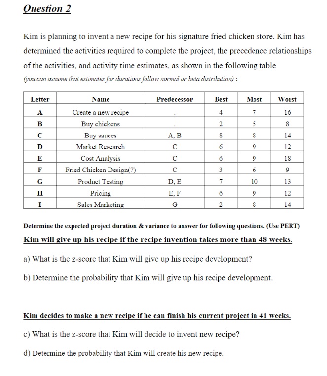 Solved Kim is planning to invent a new recipe for his | Chegg.com