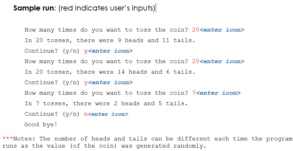 Solved Problem Description: Write a method named coinToss | Chegg.com