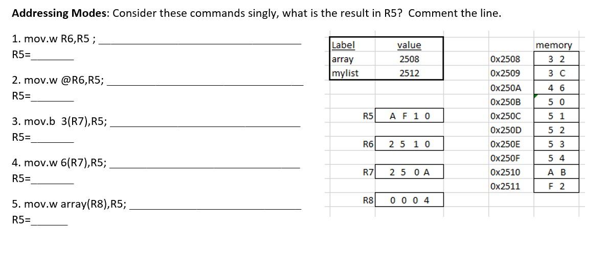 Solved 2.mov.w @R6,R5; R5= 3. mov.b 3(R7),R5; R5= 4. mov.w | Chegg.com