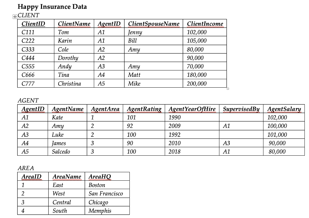 Solved HAPPY INSURANCE Observe the HAPPY INSURANCE DATABASE: | Chegg.com