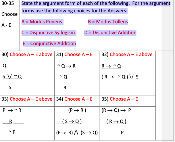Solved A= Modus Ponens B = Modus Tollens C= Disjunctive | Chegg.com