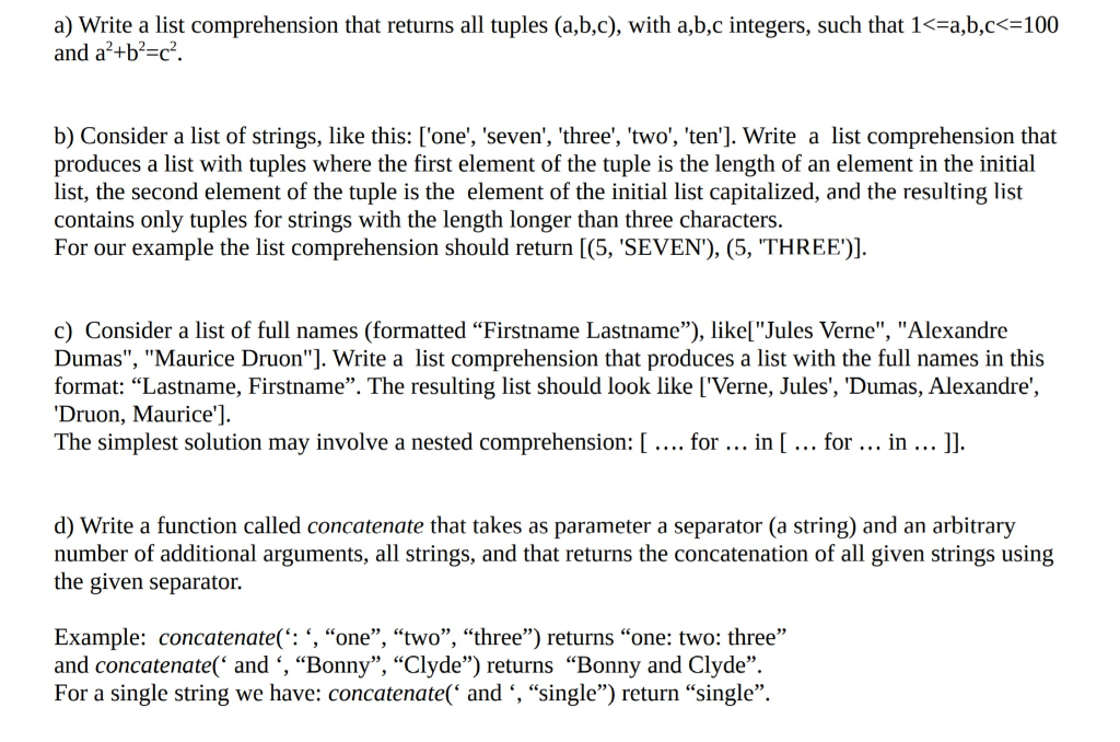 Solved a) Write a list comprehension that returns all tuples | Chegg.com