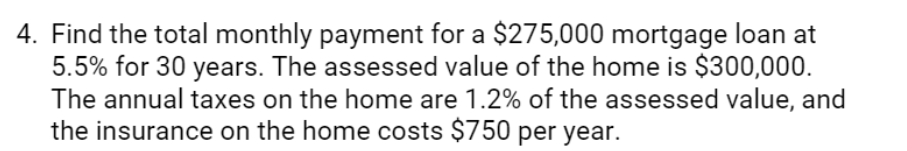 Solved Find the total monthly payment for a $275,000 | Chegg.com