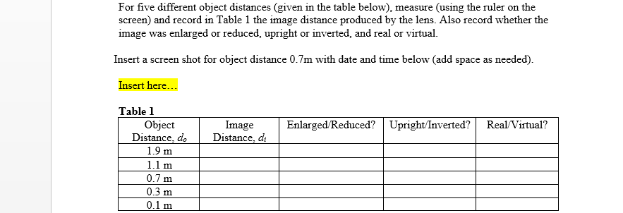 Solved For five different object distances (given in the | Chegg.com