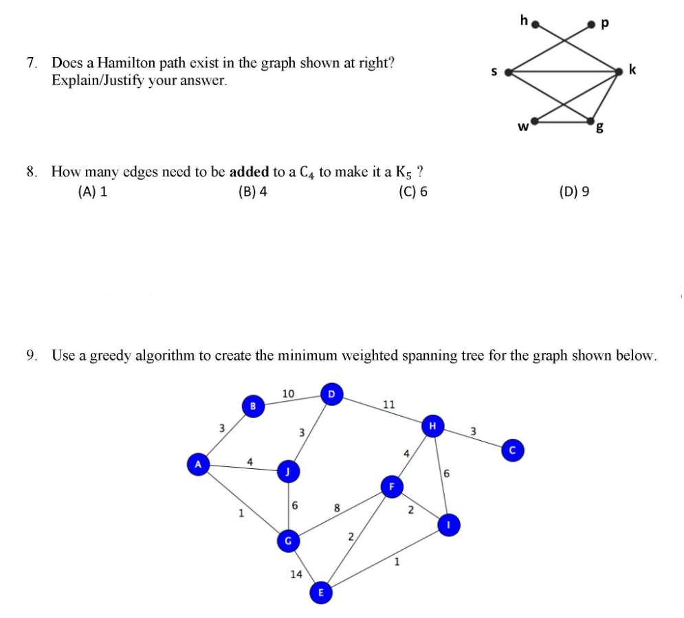 Solved 7. Does a Hamilton path exist in the graph shown at | Chegg.com