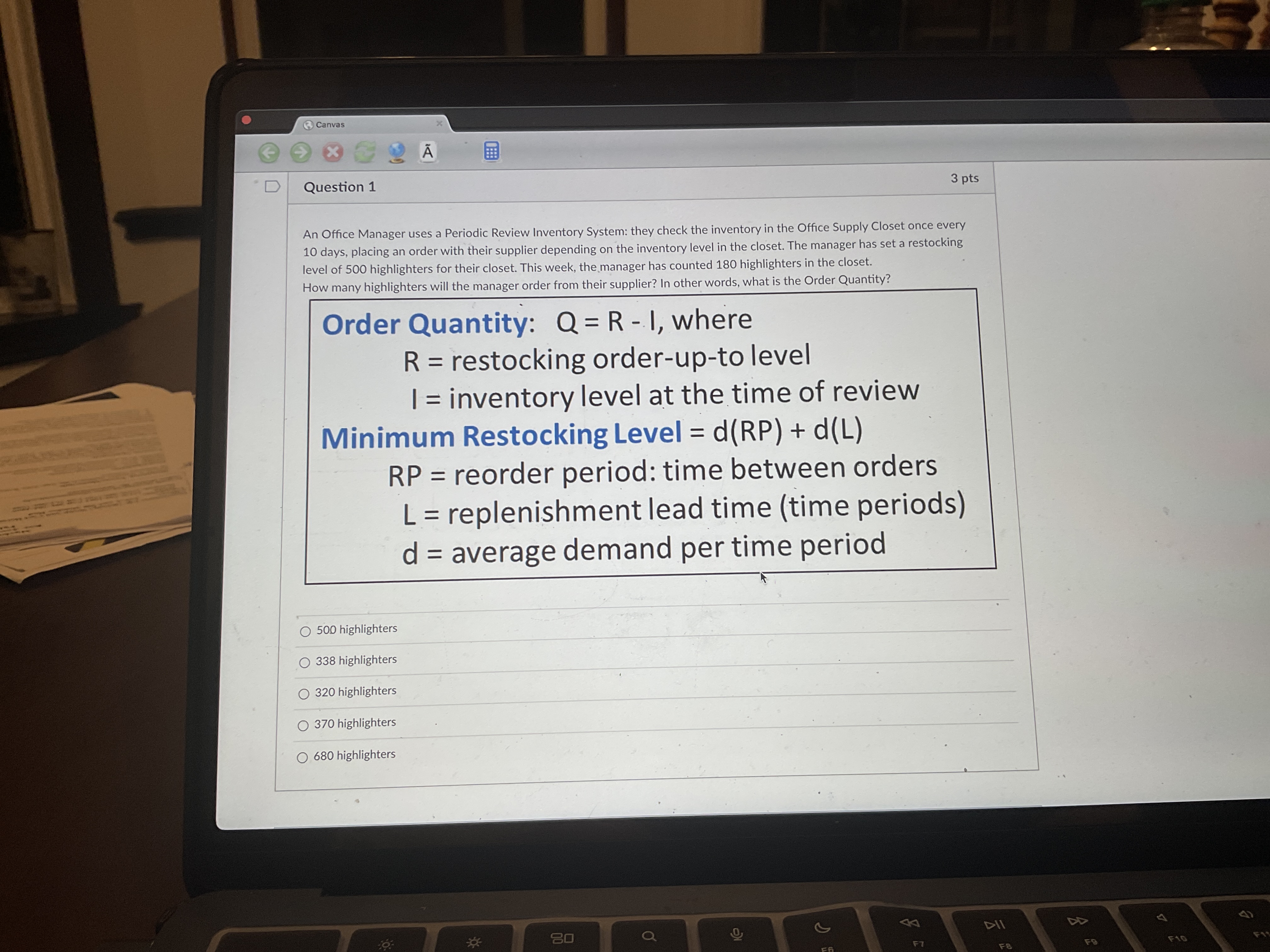 Solved Order Quantity: Q=R-1, ﻿whereR= ﻿restocking | Chegg.com
